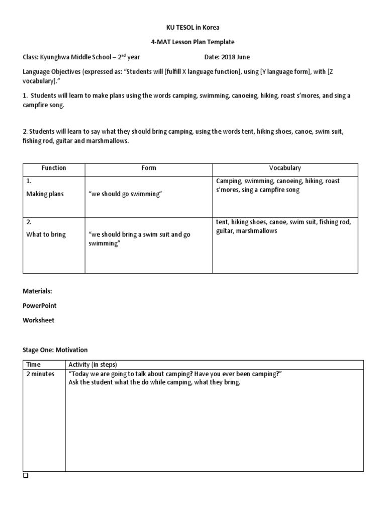 KU TESOL in Korea 4-MAT Lesson Plan Template | PDF | Vocabulary ...