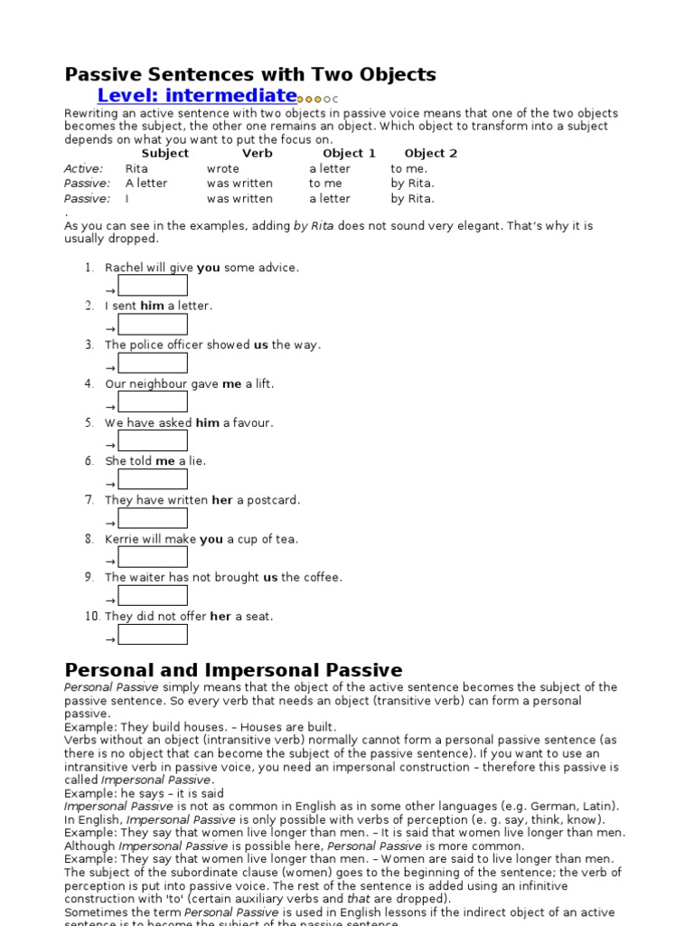 Passive Sentences With Two Objects Level | Download Free PDF | Verb | Subject (Grammar)