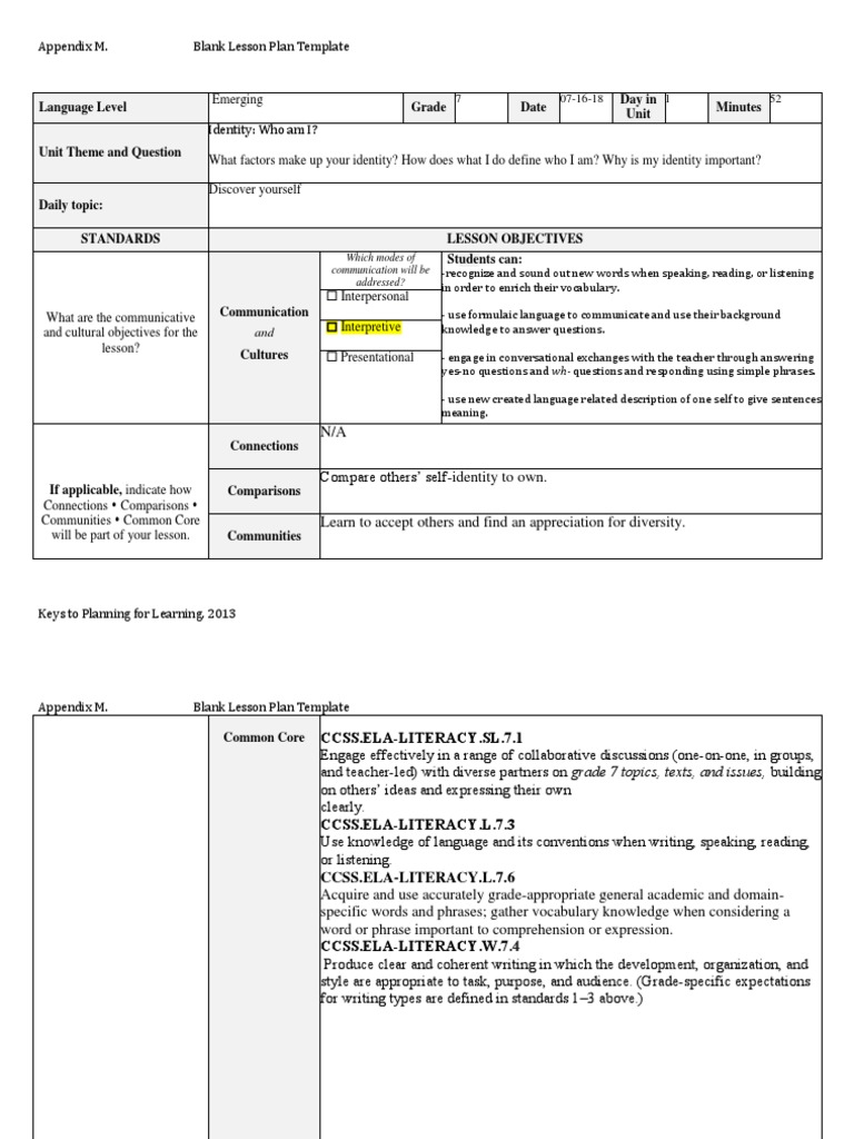 Grade 7 Identity Lesson Plan | PDF | Question | Vocabulary
