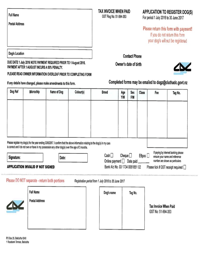 Dog Registration Form | PDF | Payments | Invoice
