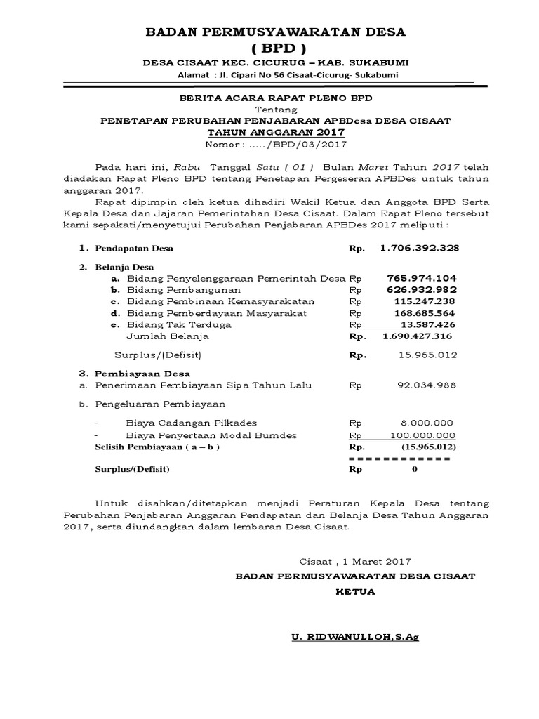 BA Perubahan Penjabaran APBDES | PDF