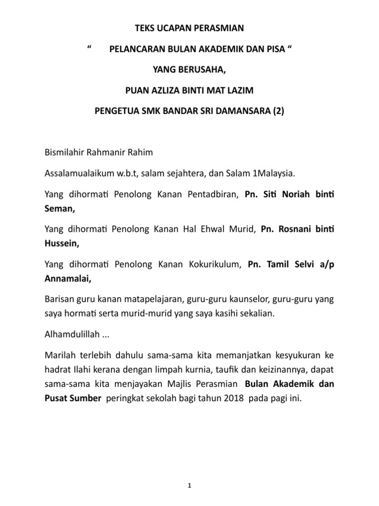 Teks Ucapan Perasmian Pengetua - BULAN AKADEMIK&PISA 2018 | PDF