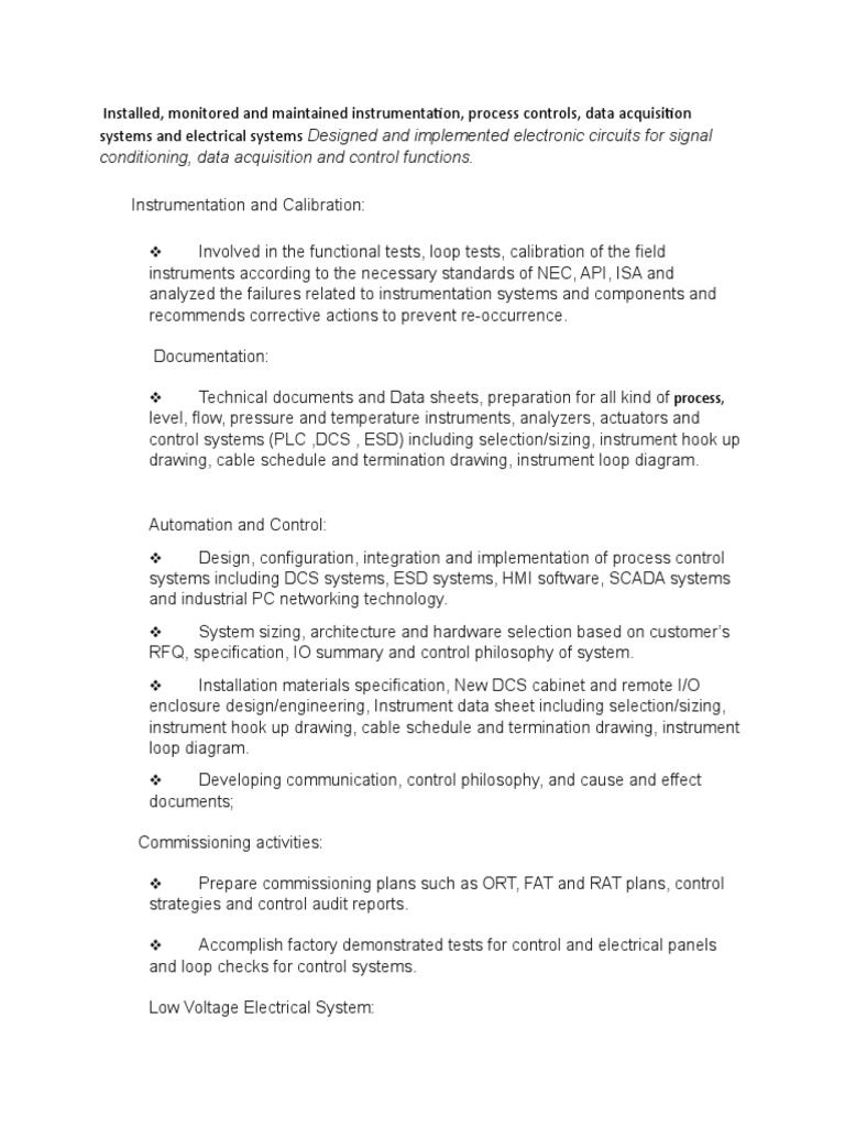 Instrumentation and Automation Engineer Resume Highlighting Extensive Experience in Process ...