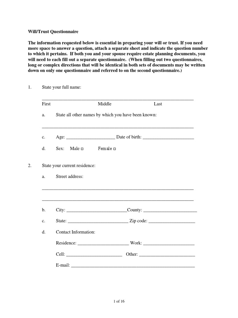 Will Questionnaire | PDF | Trust Law | Legal Guardian