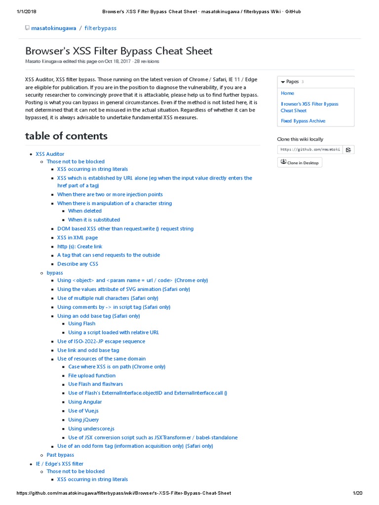 Browser's XSS Filter Bypass Cheat Sheet Masatokinugawa - Filterbypass Wiki GitHub | PDF | Html ...
