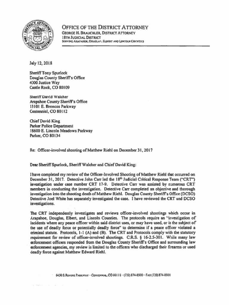 Matthew Riehl Officer-Involved Shooting Letter