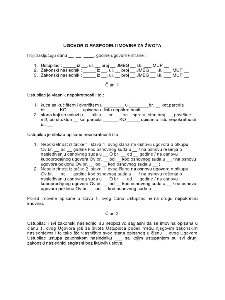 Ugovor o Ustupanju I Raspodeli Imovine Za Života | PDF
