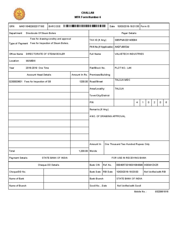 Challan MTR Form Number 6 Download Free PDF Payments Services
