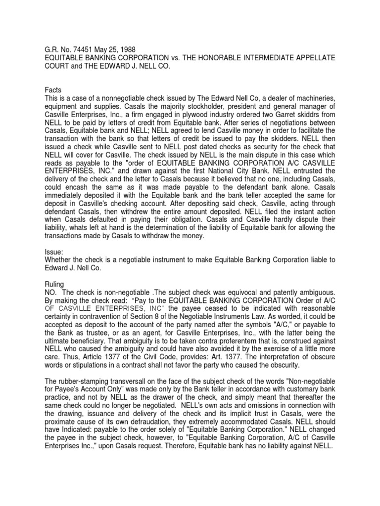 Ambiguous Check Payee Results in Non-Negotiable Instrument | PDF ...