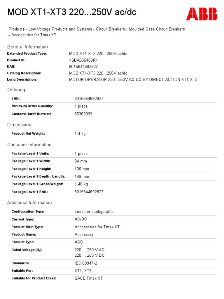 1SDA066460R1 Mod xt1 xt3 220 250v Ac DC PDF | PDF