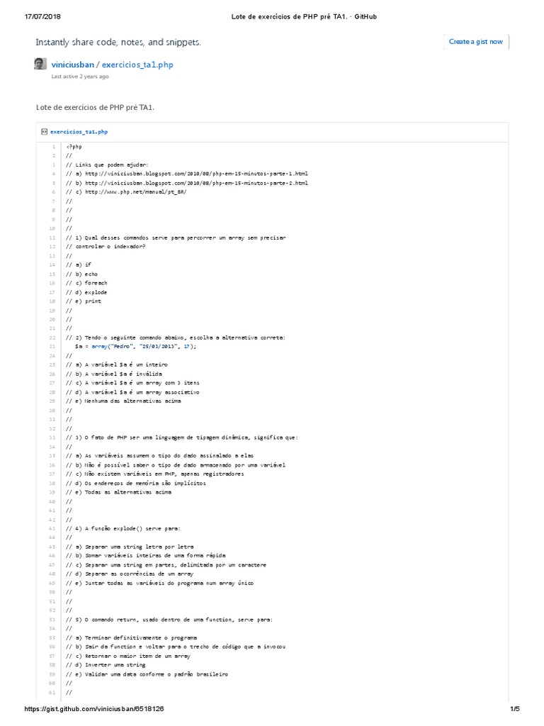Lote De Exercícios De Php Pré Ta1 Github Pdf C Linguagem De