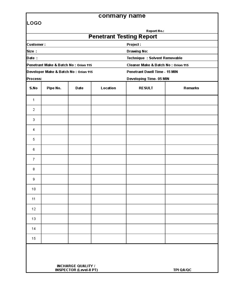 Penetrant Testing Report for [Customer Name] Detailing Non-Destructive ...