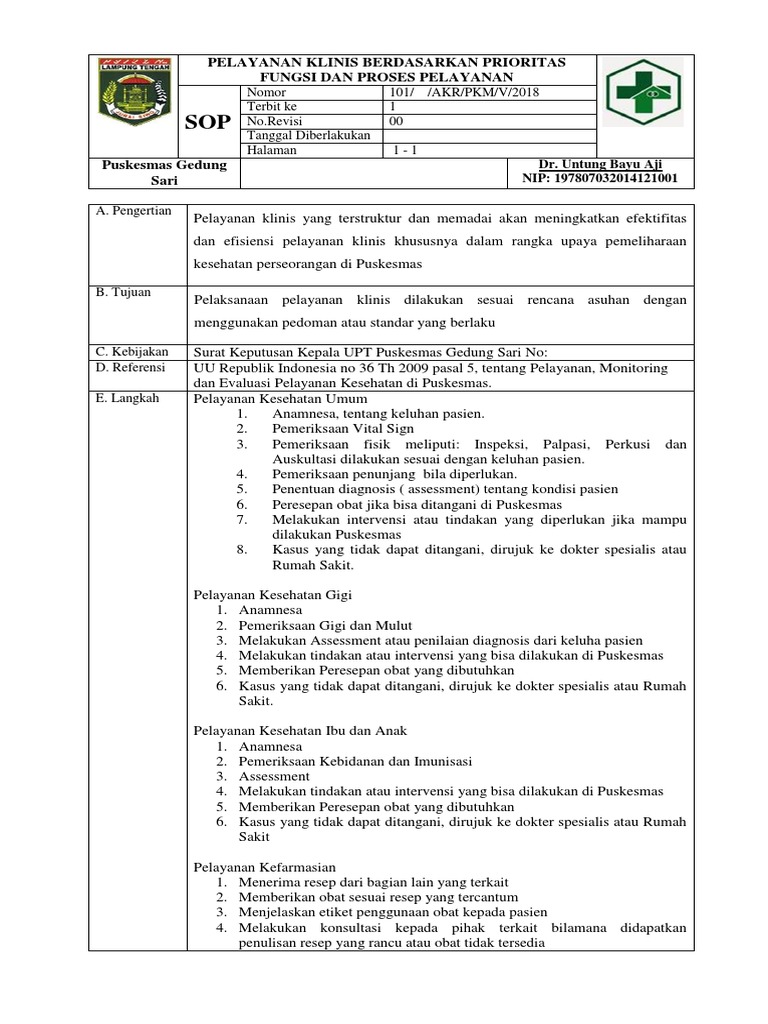 Sop Pelayanan Klinis Berdasarkan Prioritas Fungsi Dan Proses Pelayanan | PDF