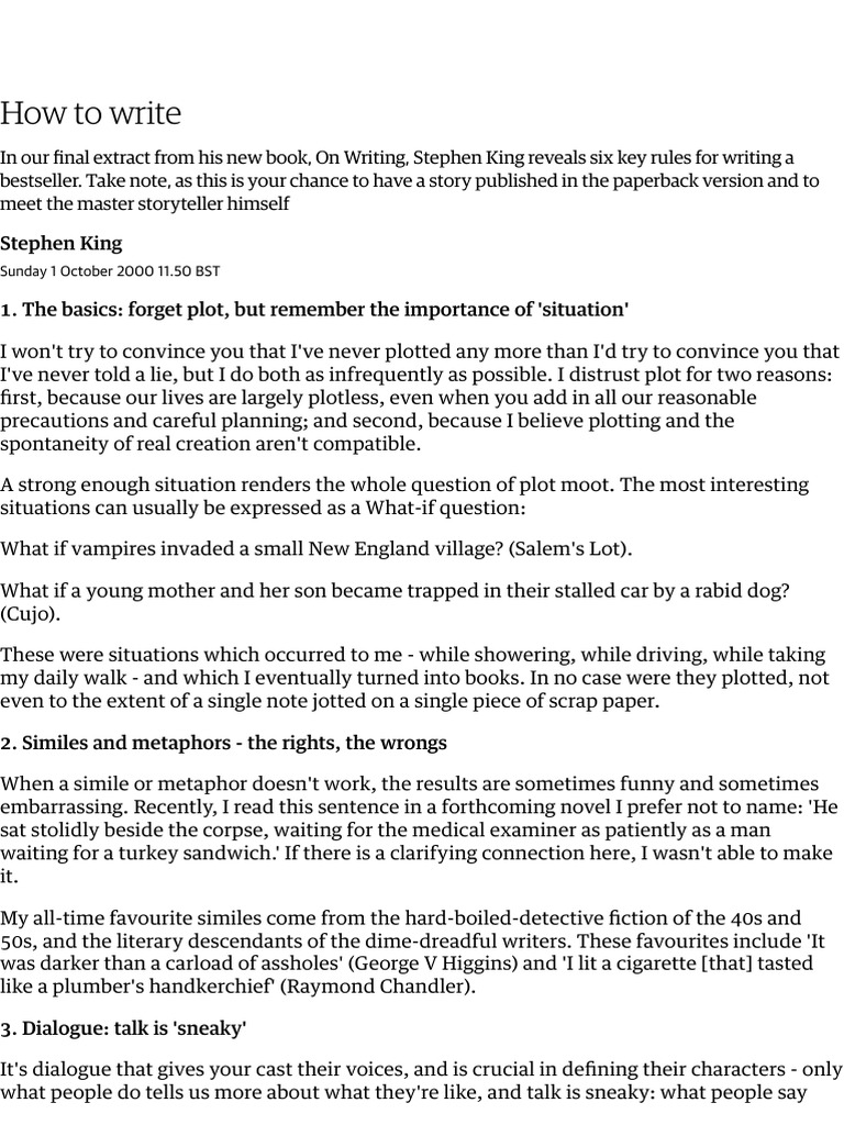 Stephen King: How To Write - Books - The Guardian | PDF | Stephen King