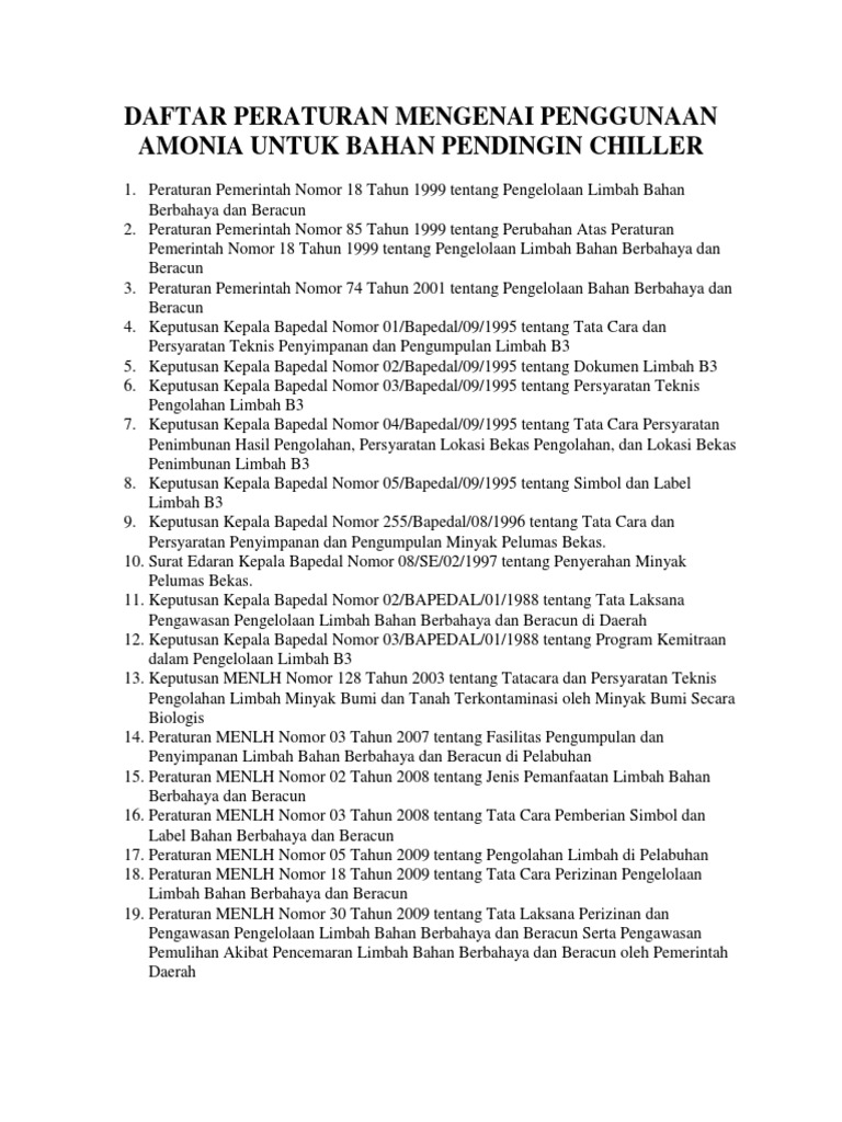 Daftar Peraturan Mengenai Penggunaan Amonia Untuk Bahan Pendingin Chiller | PDF