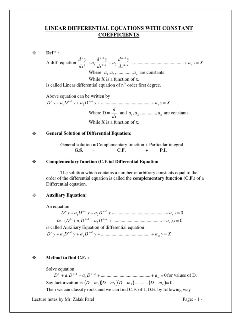 Linear Differential Equations With Constant Coefficients - GDLC | PDF ...