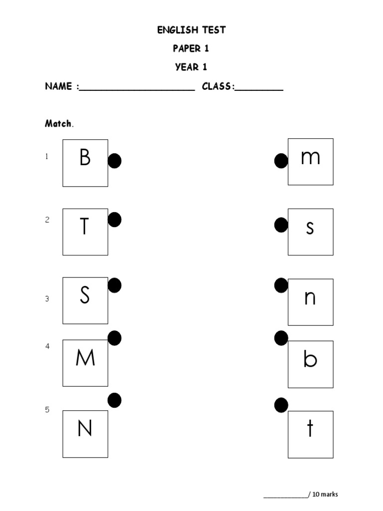 Year 1 English Test - Paper 1: Matching Letters and Coloring Numbers | PDF