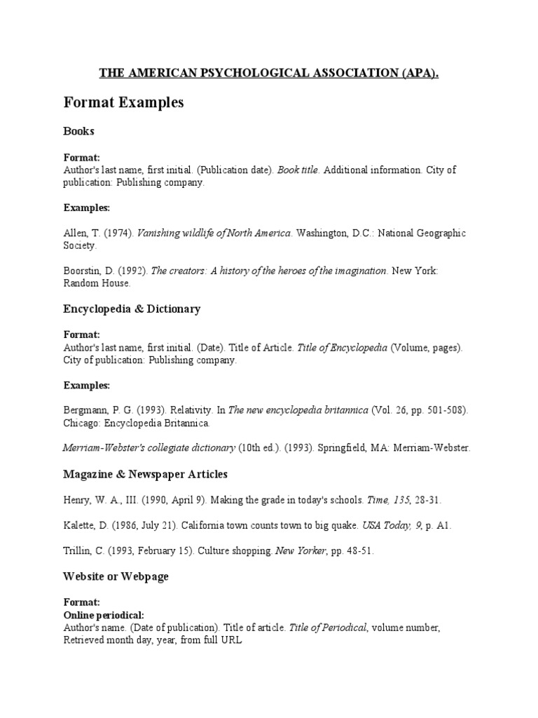 Format Examples: The American Psychological Association (Apa) | PDF ...