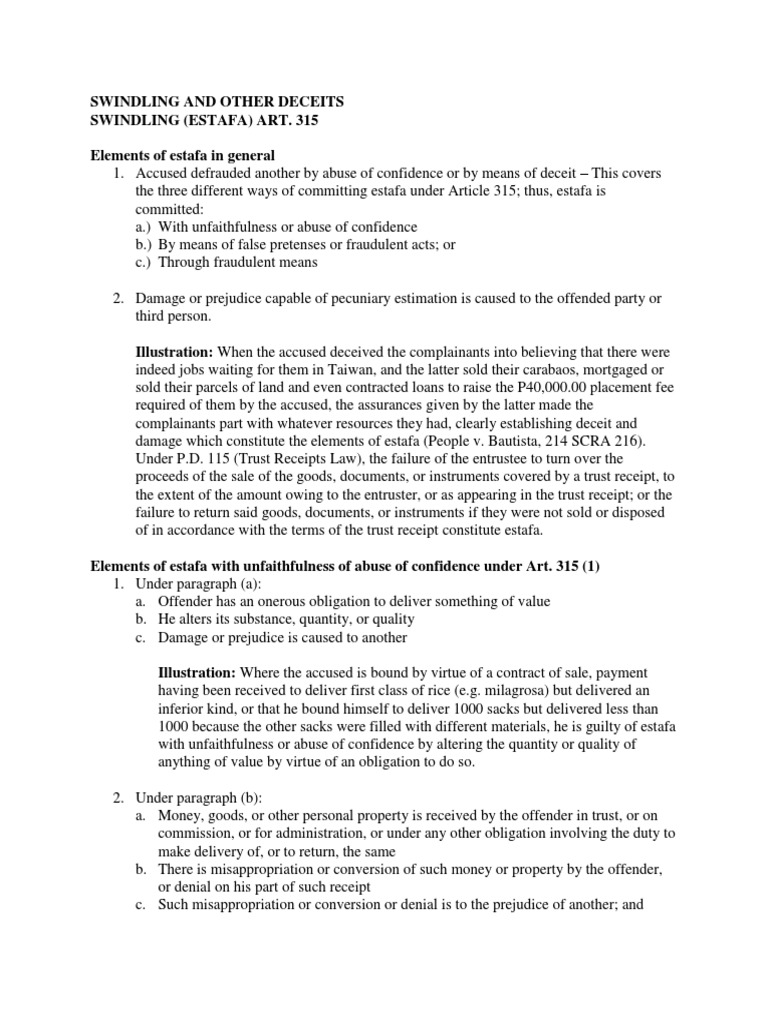Swindling (Estafa) and Other Deceits | PDF | Fraud | Crime & Violence