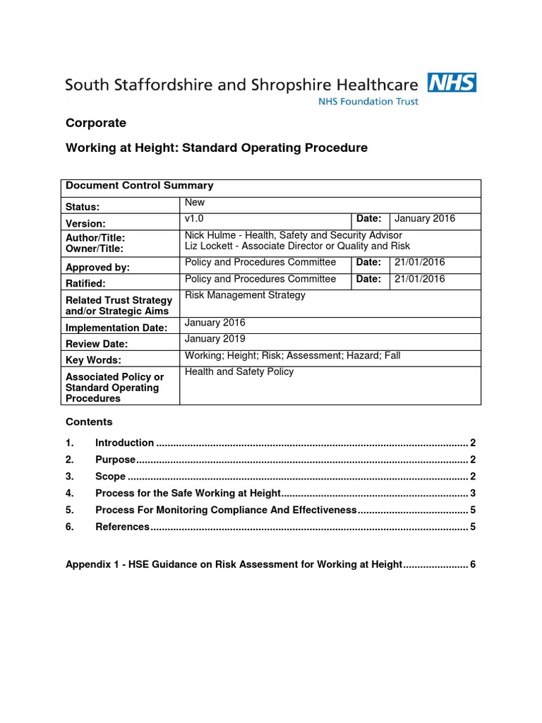 Working at Height SOP | PDF | Occupational Safety And Health | Risk