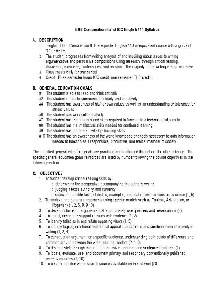 english 111 syllabus 2018 | Curriculum | Critical Thinking
