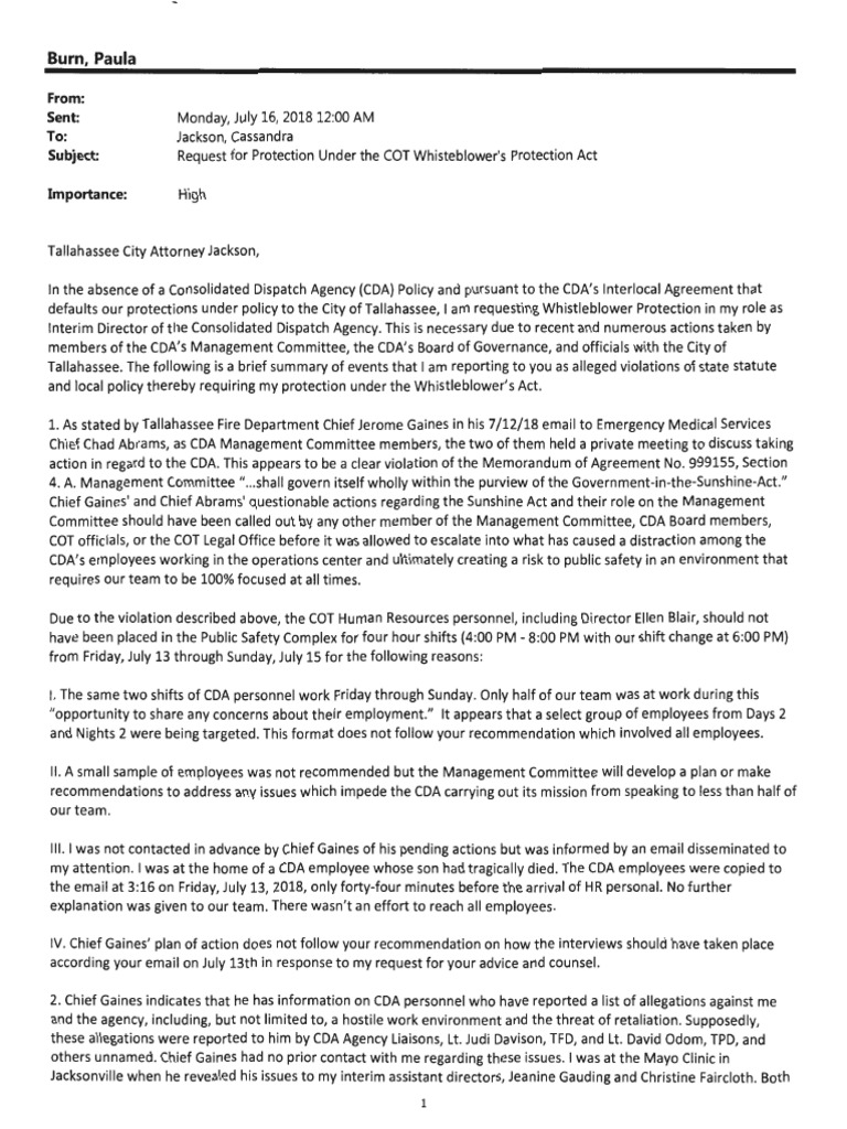 CDA Interim Director Tim Mahler's Whistle-Blower Letter | PDF ...