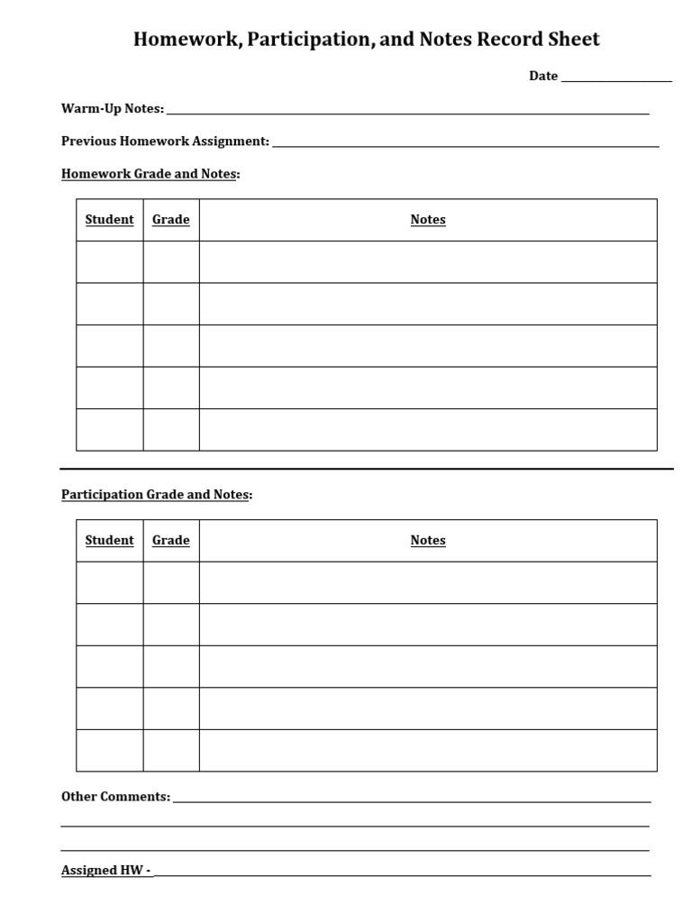 Homework, Participation, and Notes Record Sheet | PDF