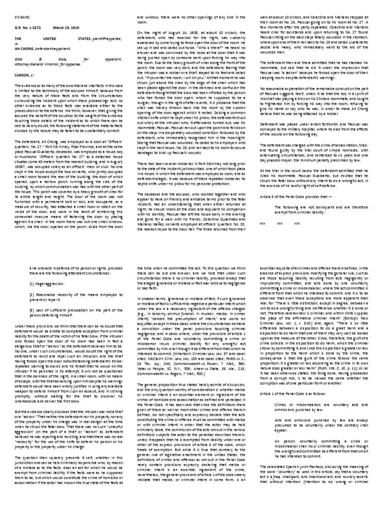 US VS., Ah Chong | PDF | Intention (Criminal Law) | Criminal Law