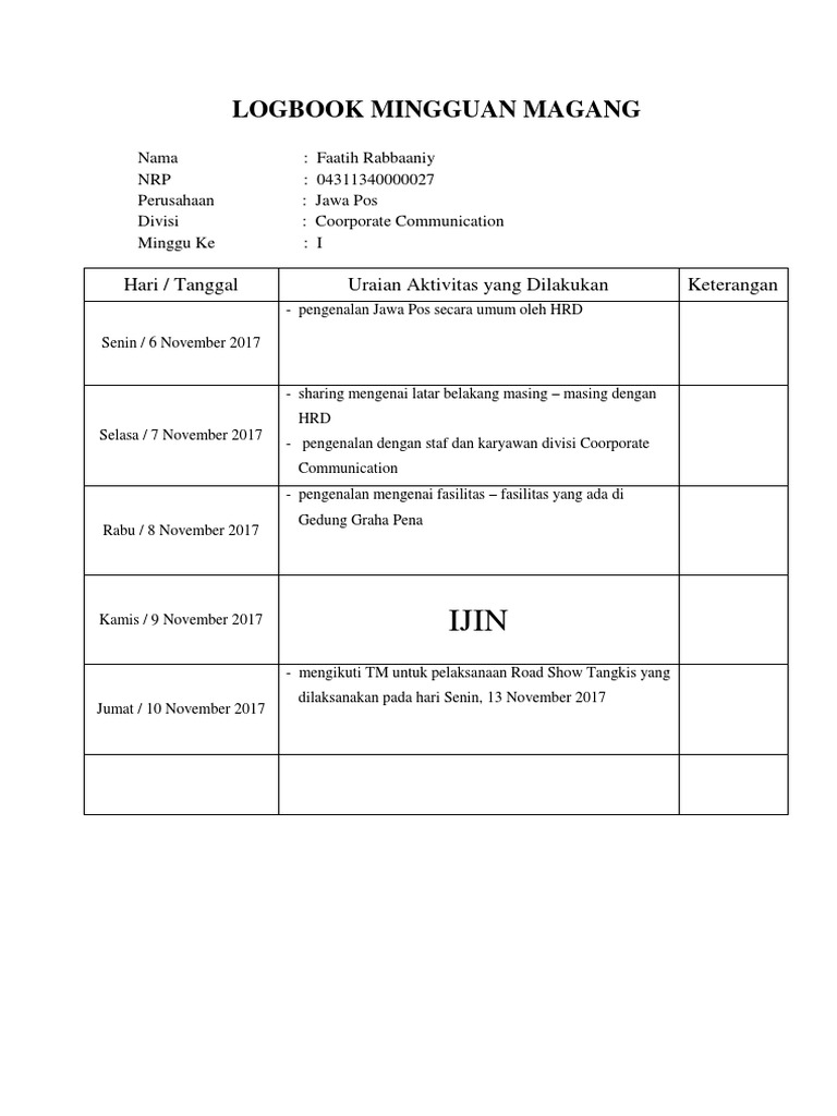 LOGBOOK MINGGUAN MAGANG | PDF