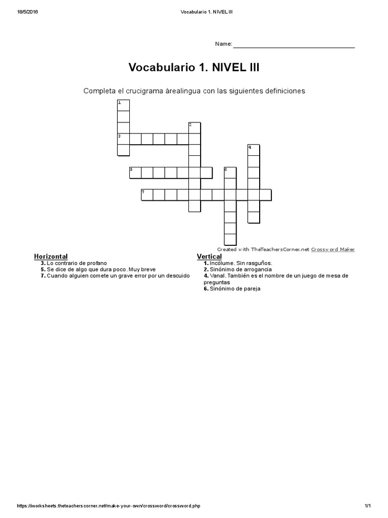 Crucigrama de Vocabulario Básico1.Nivel 3 | PDF