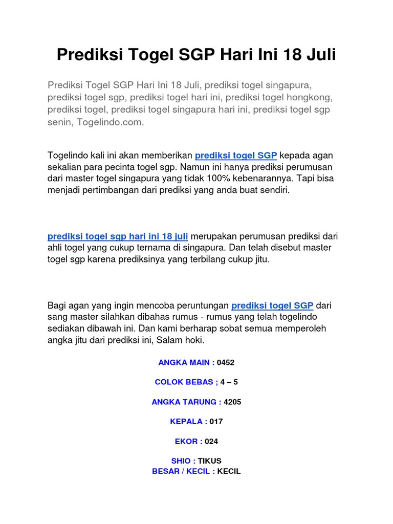 Prediksi Togel SGP Hari Ini 18 Juli | PDF