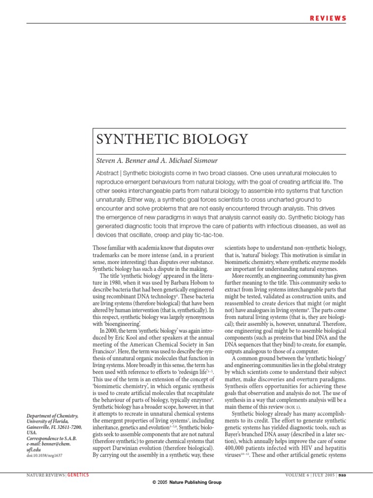 Synthetic Biology: Steven A. Benner and A. Michael Sismour | PDF ...
