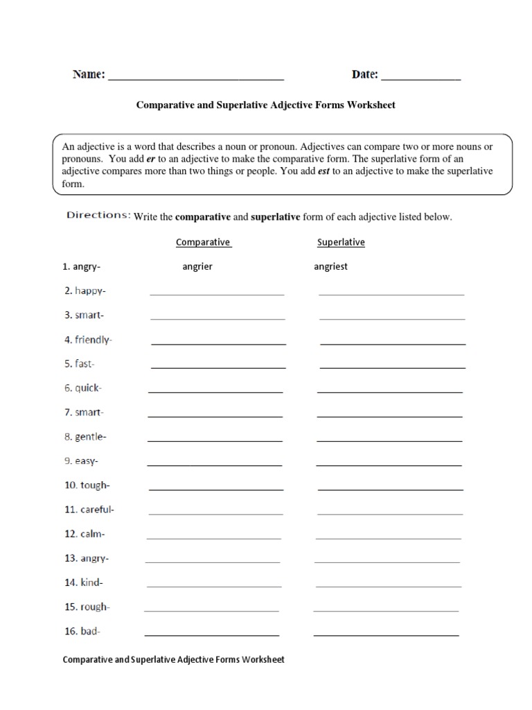 Comparative and Superlative Adjectives Worksheet | PDF