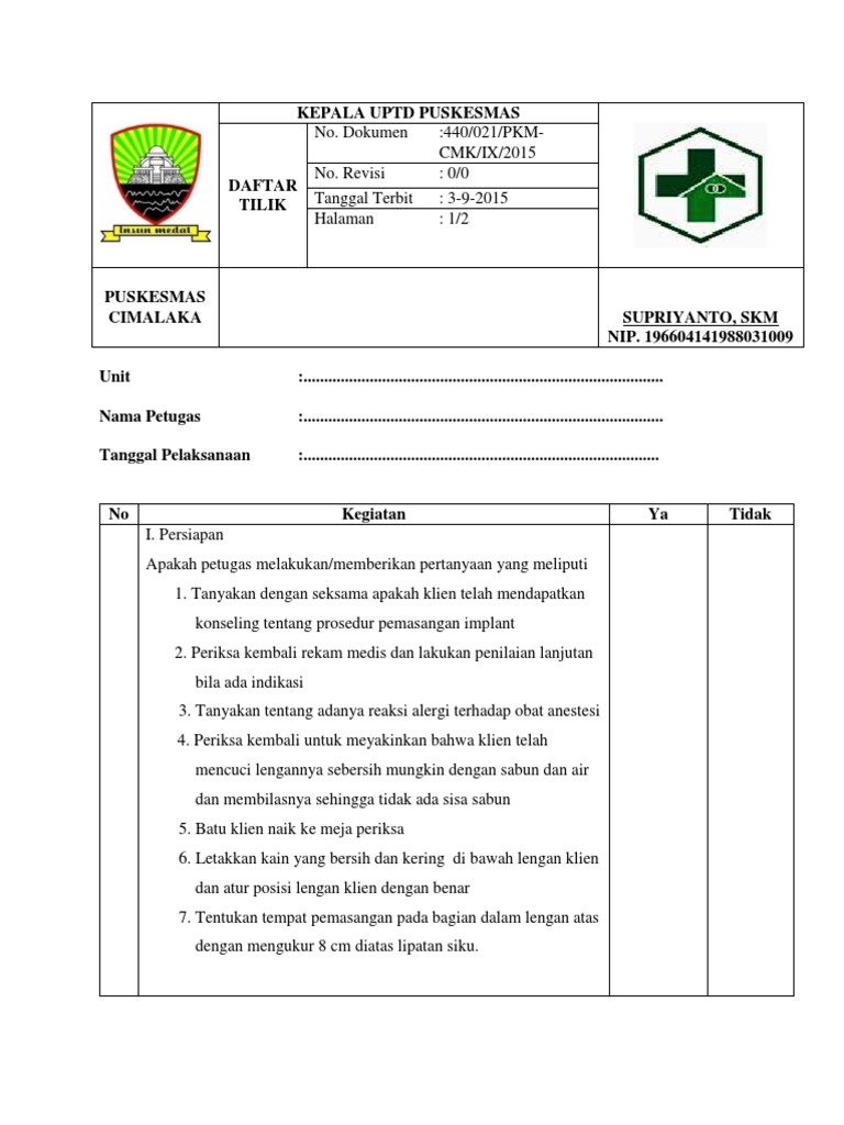 Daftar Tilik Pemasangan Implan | PDF
