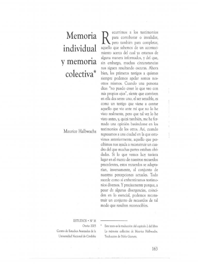 Memoria Individual y Memoria Colectiva. Maurice Halbwachs | PDF | Memoria | Adultos