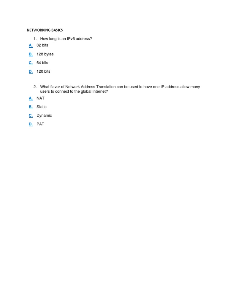Networking Basics 1 How Long Is An Ipv6 Address 32 Bits 128 Bytes 64 Bits 128 Bits Pdf