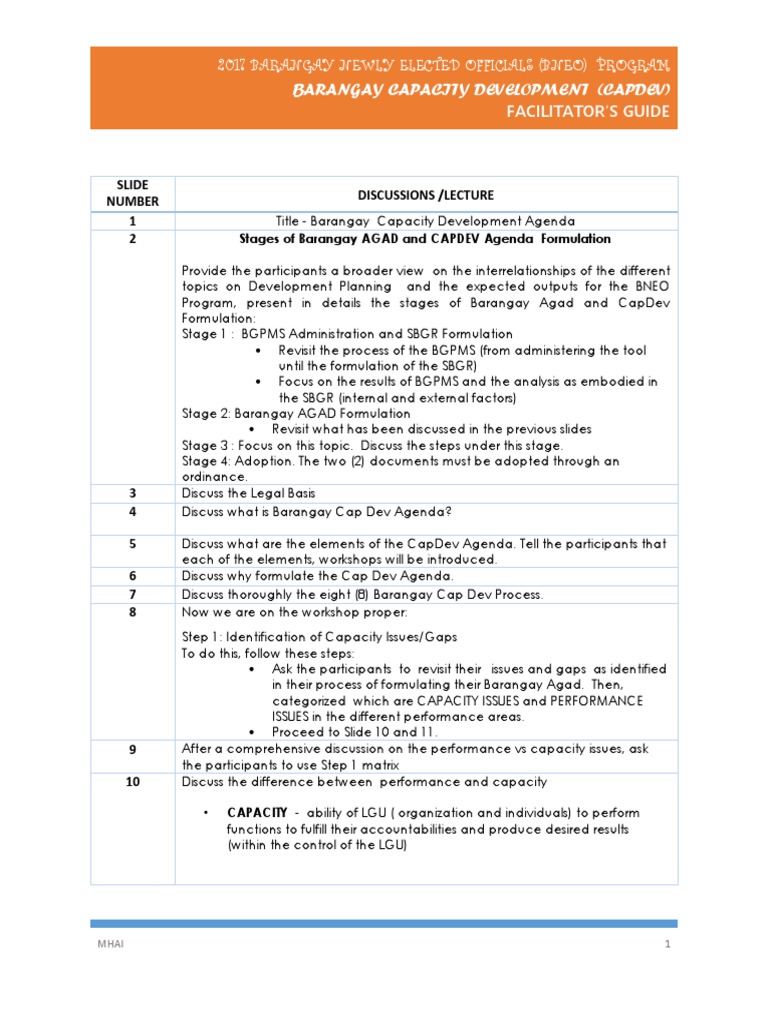 Facilitators Guide For The Barangay CapDev Formulation | PDF | Business