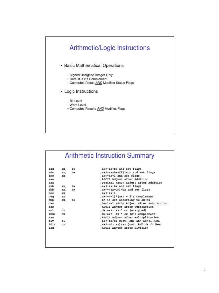 Arithmetic/Logic Instructions: Basic Mathematical Operations | PDF | Binary Coded Decimal ...
