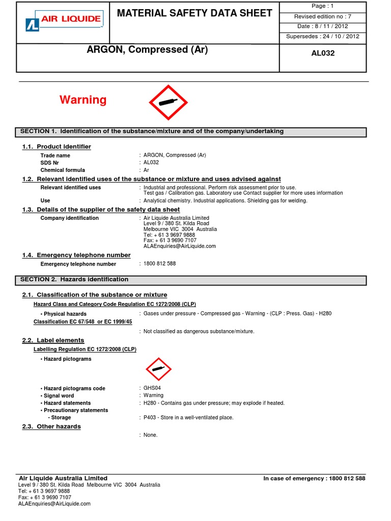 Msds Argon | PDF | Safety | Chemistry