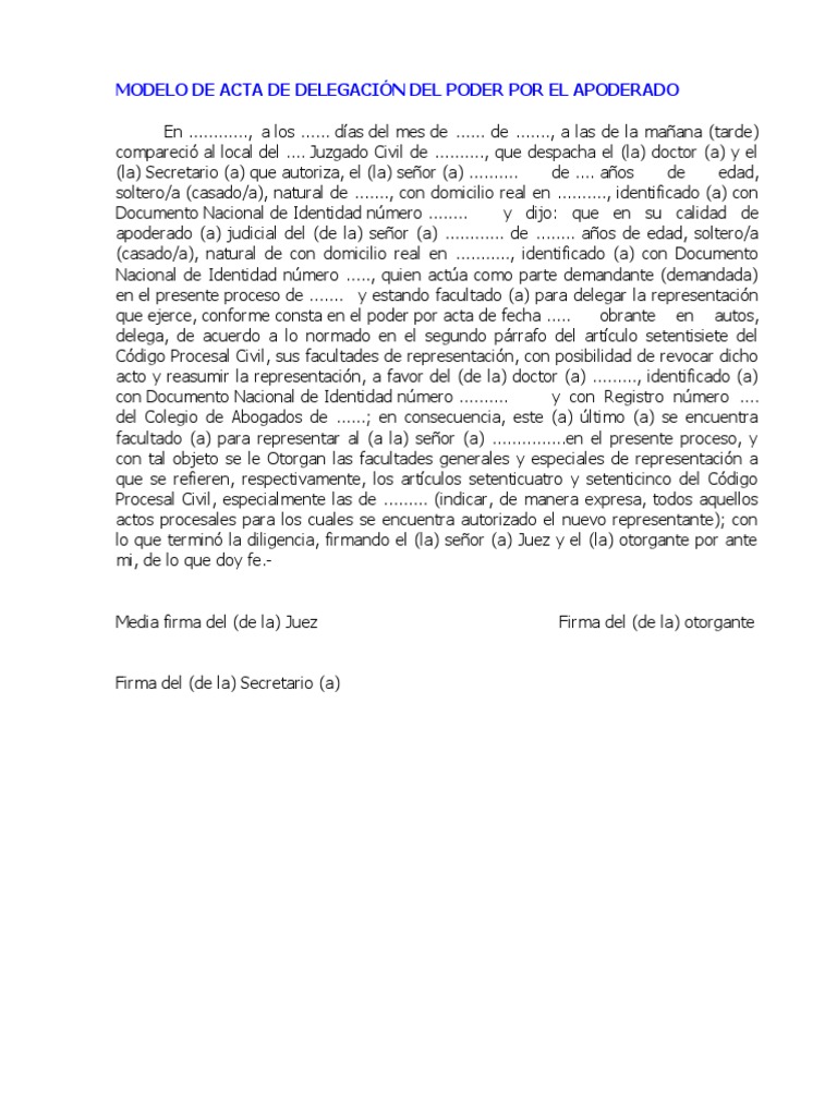 Modelo de Acta de Delegación Del Poder Por El Apoderado | PDF | Derecho