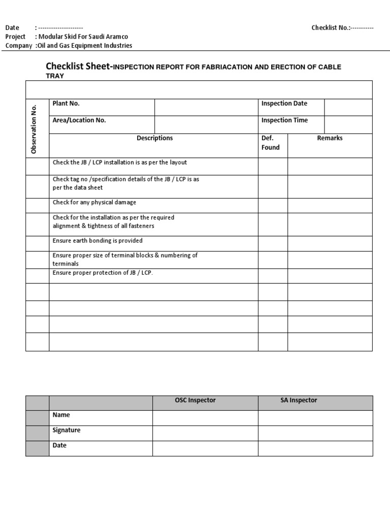 Inspection Report For Installation of JB, Juncation Box | PDF