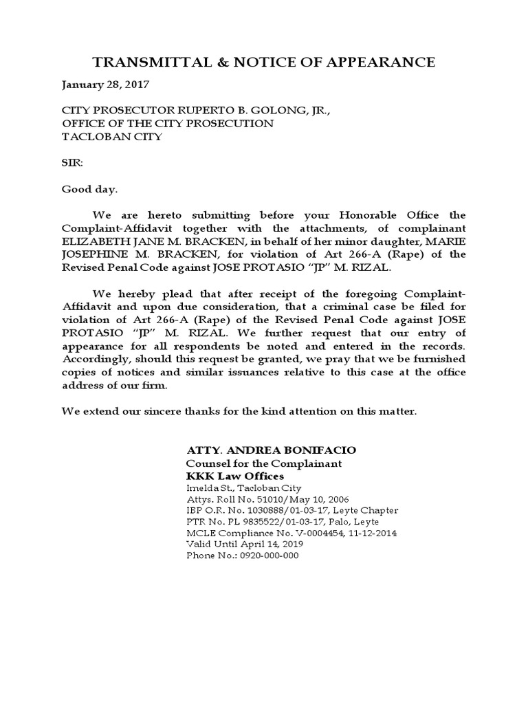 Transmittal & Notice of Appearance: Atty. Andrea Bonifacio KKK Law ...