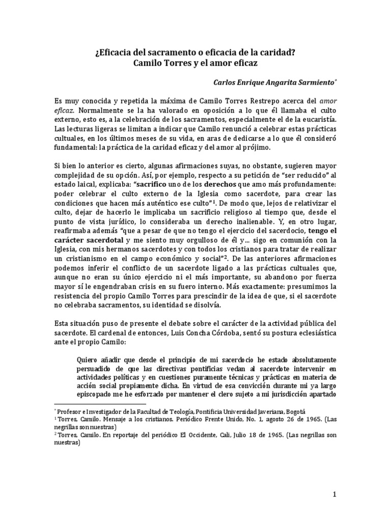 ¿Eficacia Del Sacramento o Eficacia de La Caridad? Camilo Torres y El ...