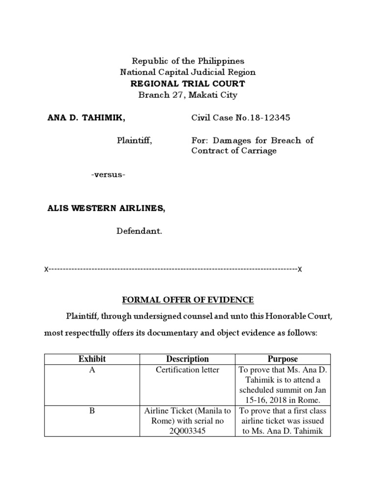 Formal Offer of Evidence (Prosecution) | PDF | Plaintiff | Airlines