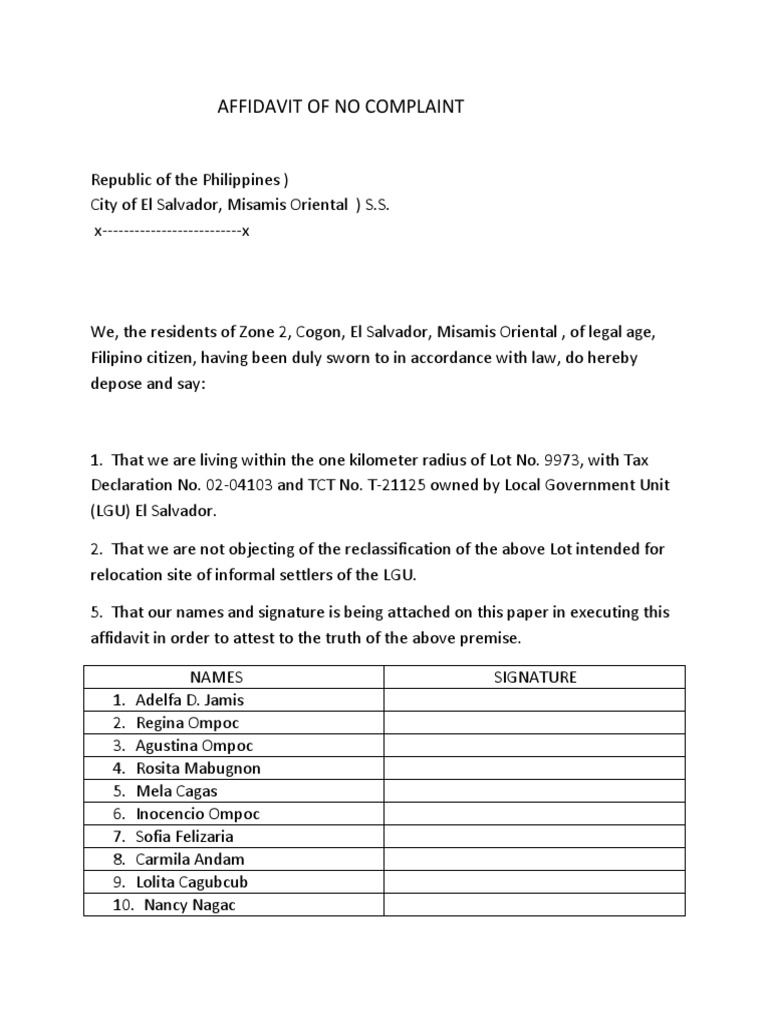 Affidavit of No Complaint
