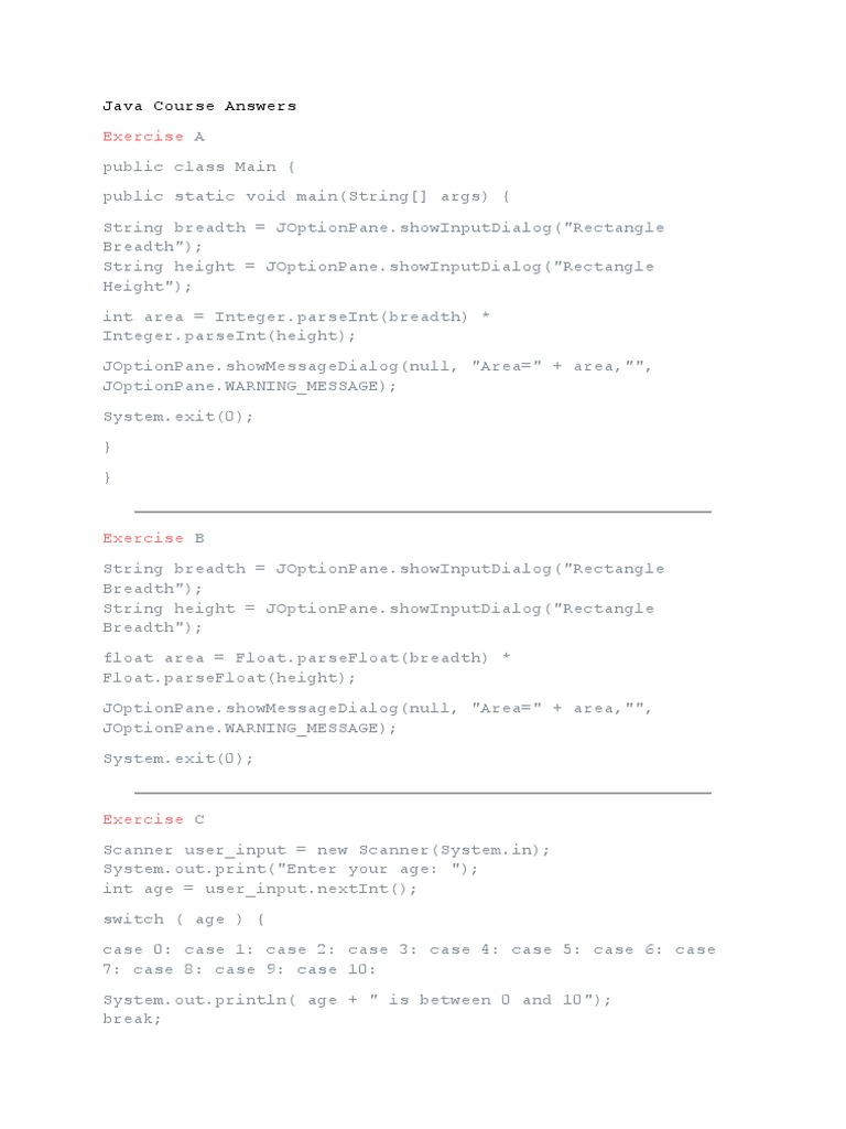 Exercise: Java Course Answers | Download Free PDF | Computer ...