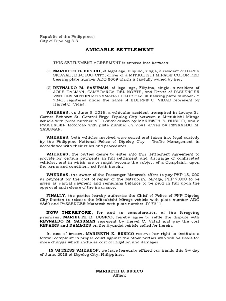 Amicable Settlement Sample | PDF | Common Law | Government