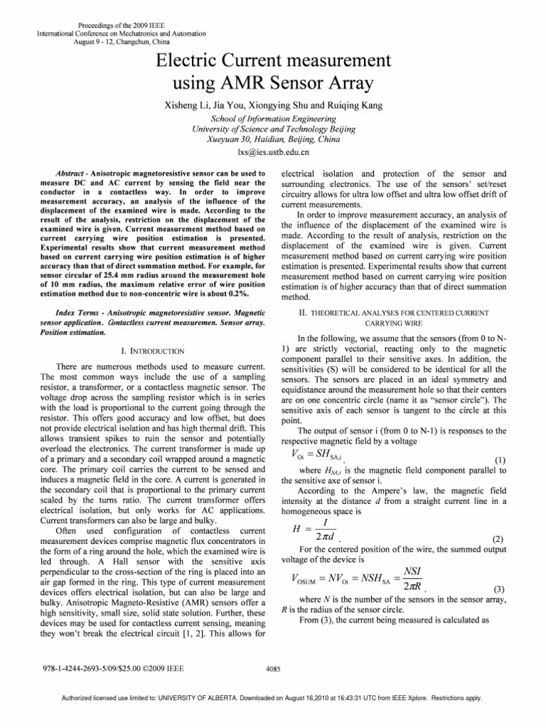Electric Current Measurement Using Amr Sensor Array Pdf Transformer