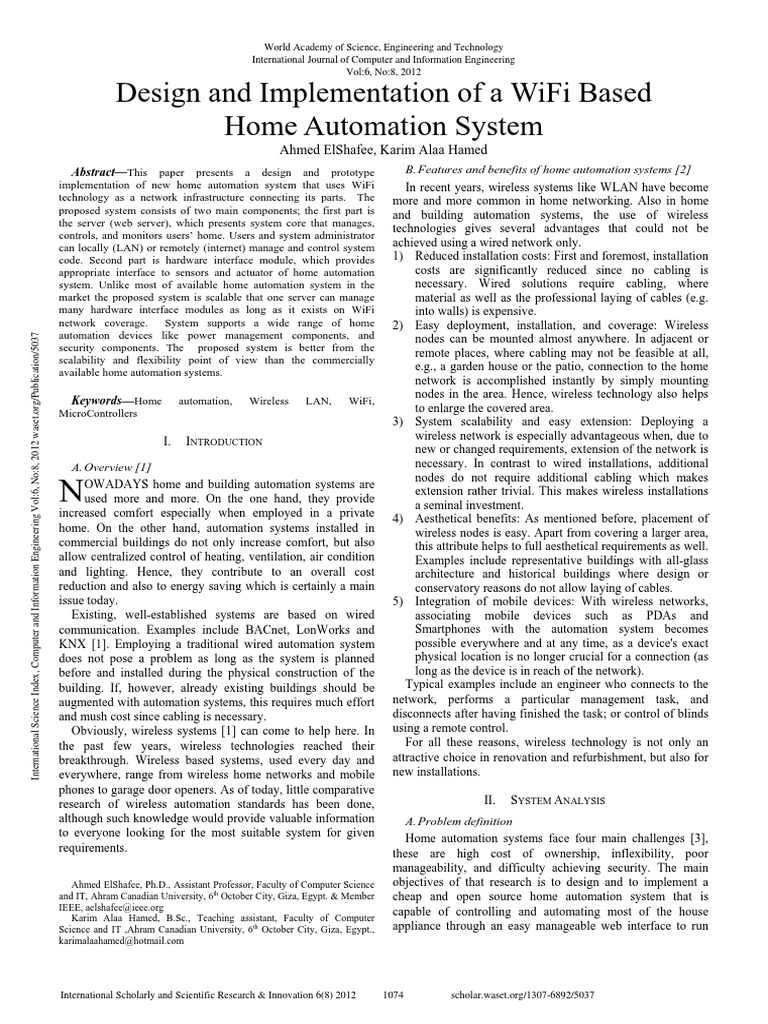 Design and Implementation of A WiFi Based Home Automation System | PDF | Wi Fi | Computer Network