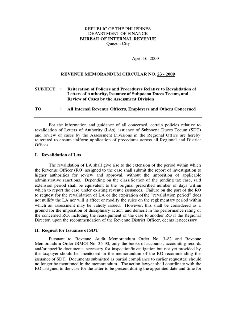 2009 RMC 23-2009 LOA Revalidation | PDF | Tax Refund | Internal Revenue ...